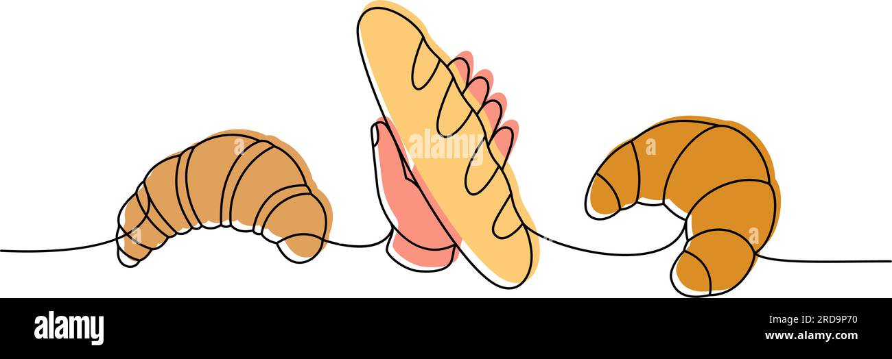 Set of croissant one line colored continuous drawing. Bakery pastry ...
