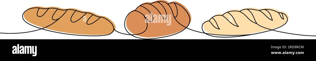 Wheat bread set one line colored continuous drawing. Whole grain and ...