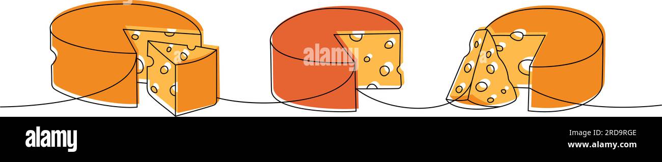 Wheel cheese set one line colored continuous drawing. Different types ...