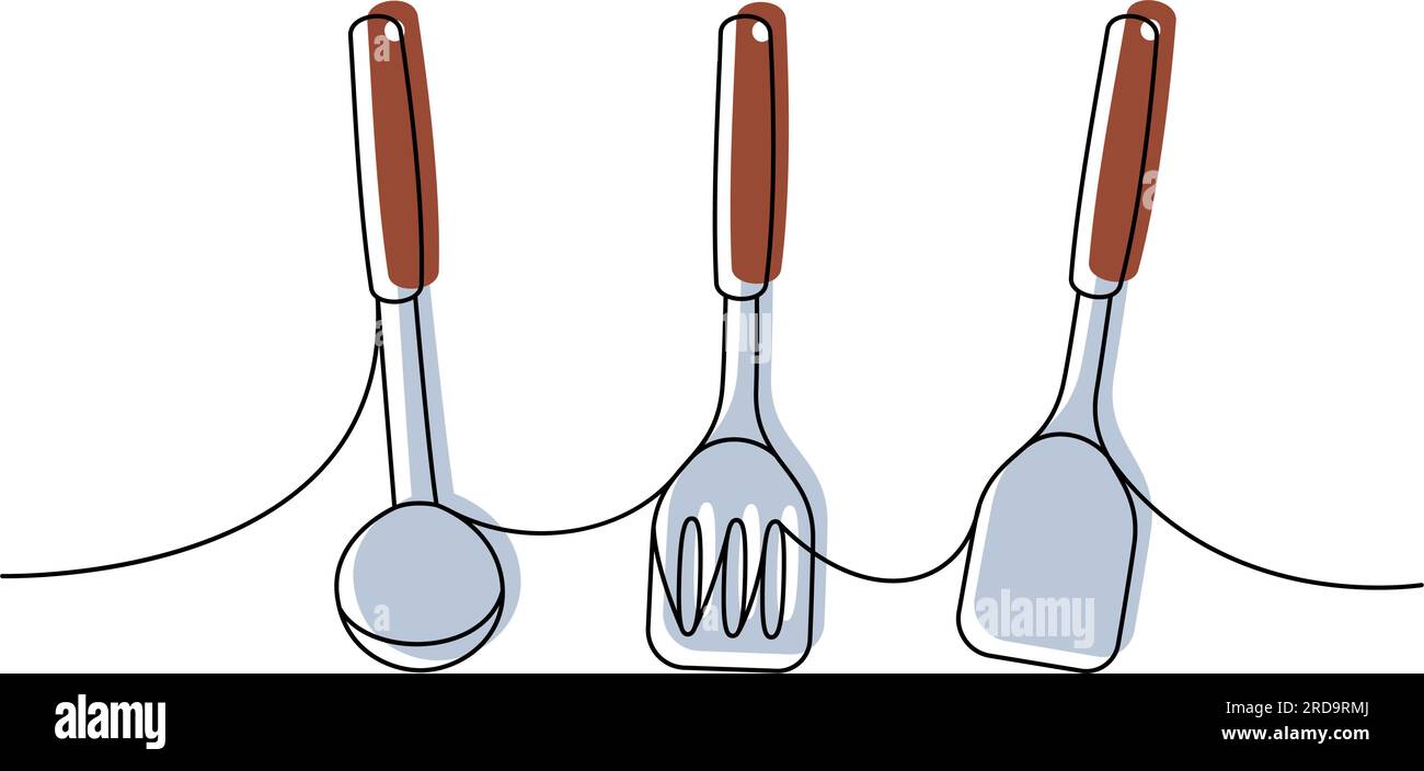 Kitchen utensils one line colored continuous drawing. Kitchen spatula ...