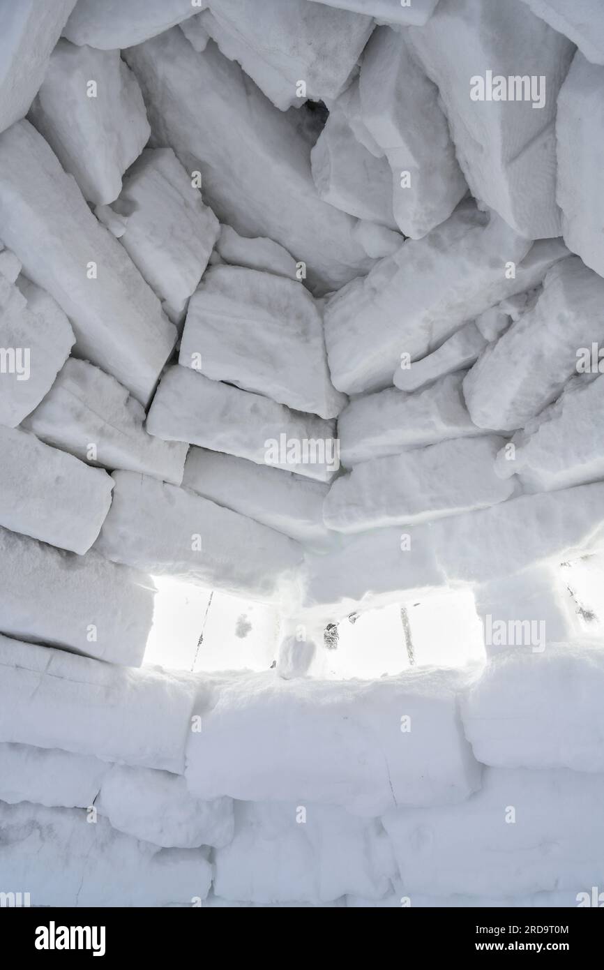 An inside view of a wall of snow bricks and a window made of ice in an ...
