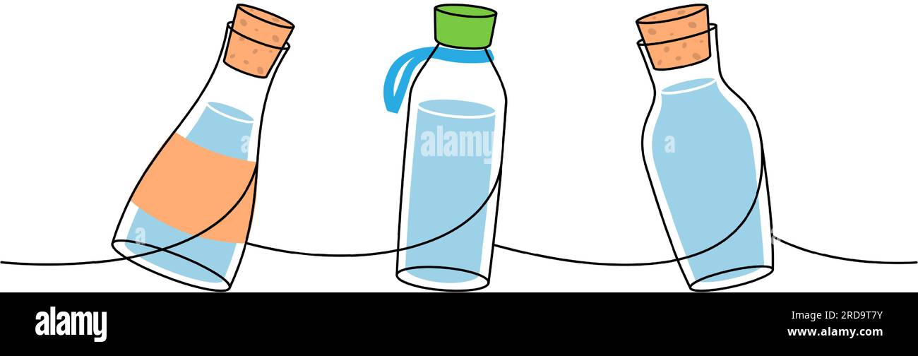 Set of glass bottles one line colored continuous drawing. Empty glass ...