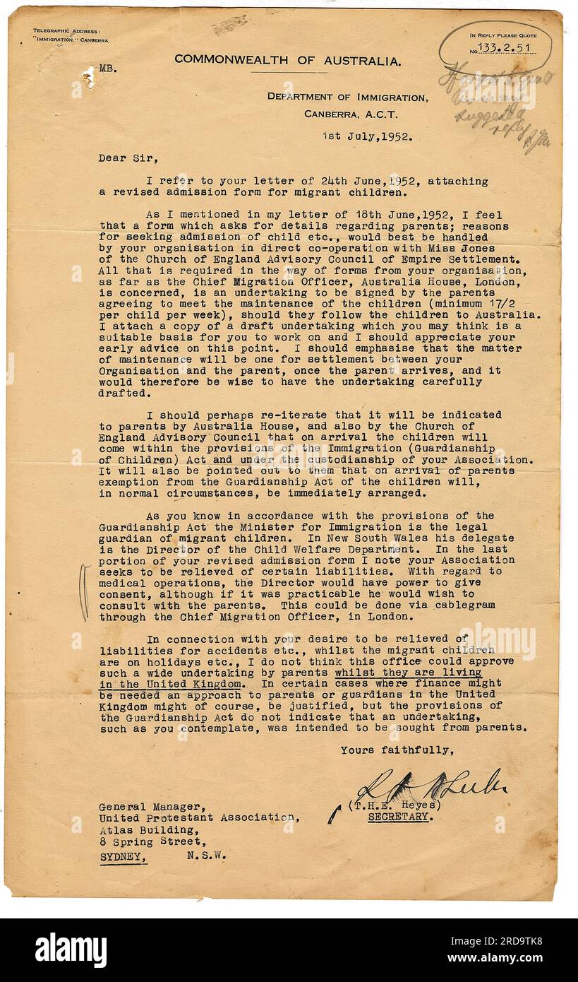 HISTORICAL LETTER FROM DEPARTMENT OF IMMIGRATION, CANBERRA REGARDING ...