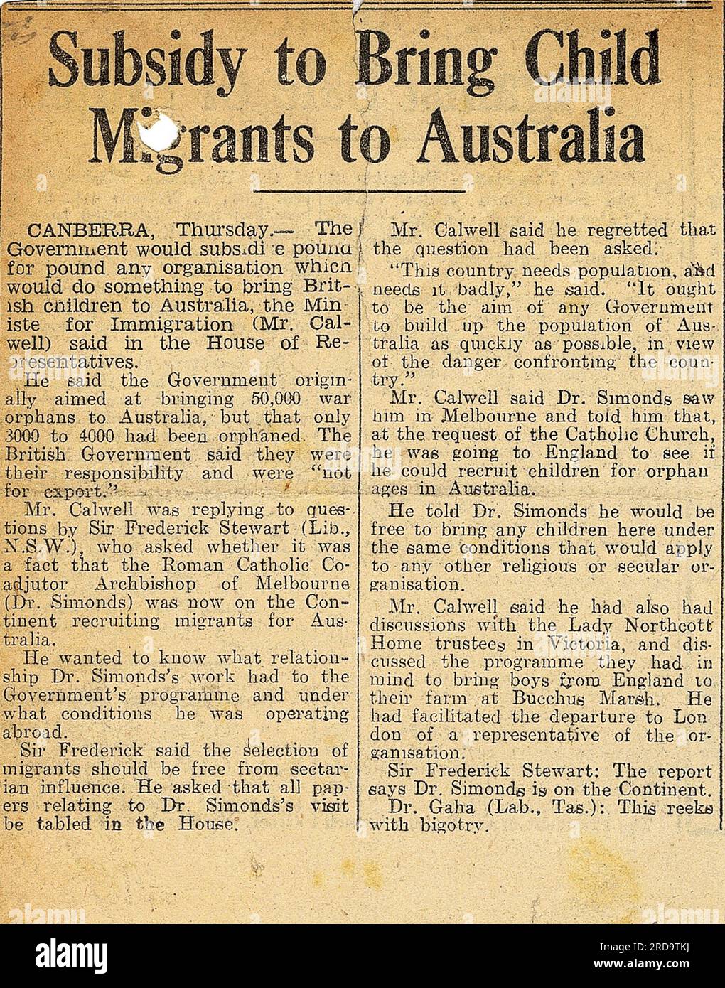 HISTORICAL NEWSPAPER CLIPPING REGARDING SUBSIDY TO BRING BRITISH ...