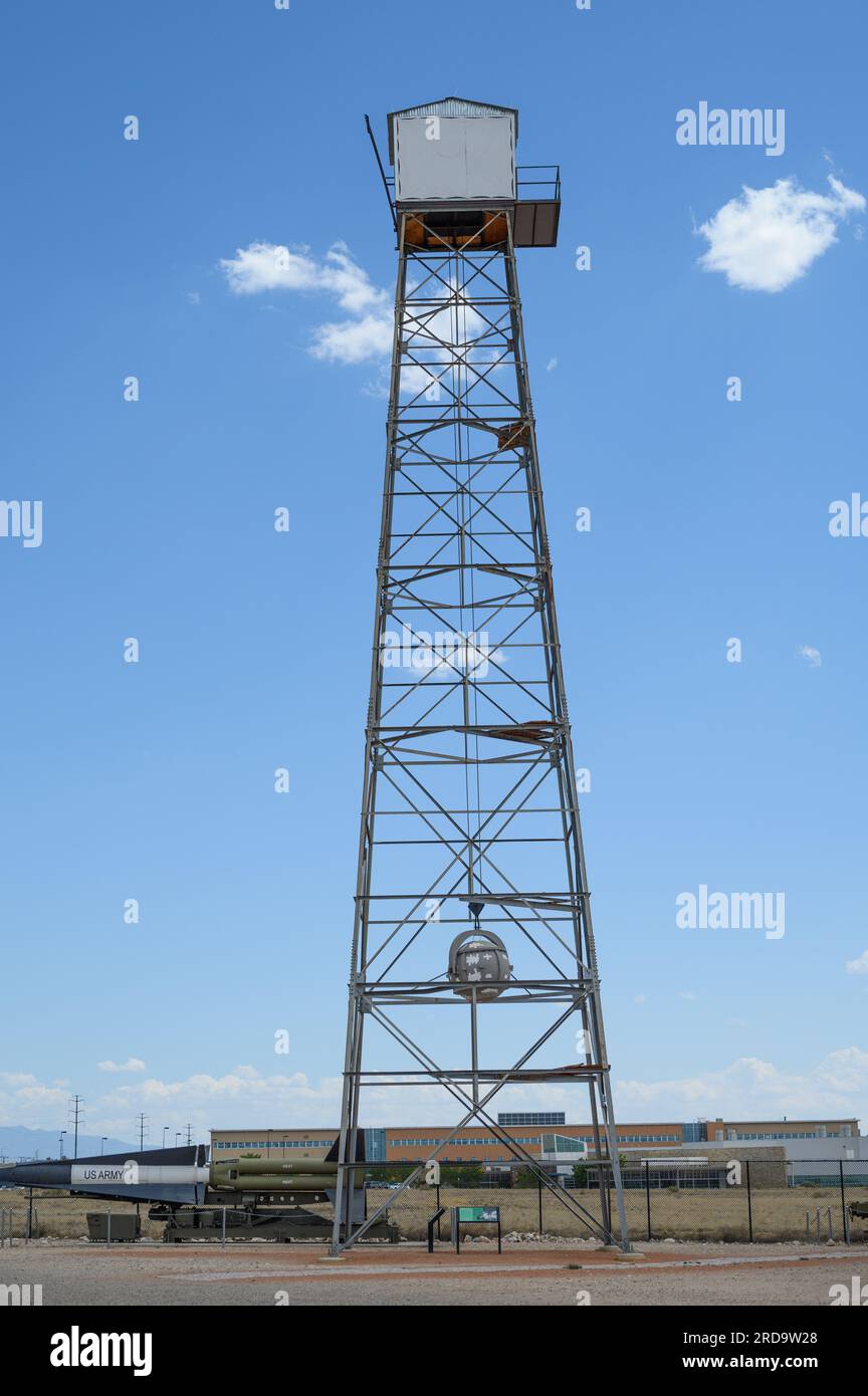 A replica of “Gadget”, the first atomic device tested, is hung from a ...