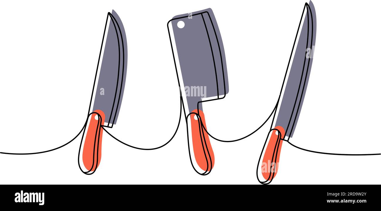 Knife set one line colored continuous drawing. Kitchen utensils ...