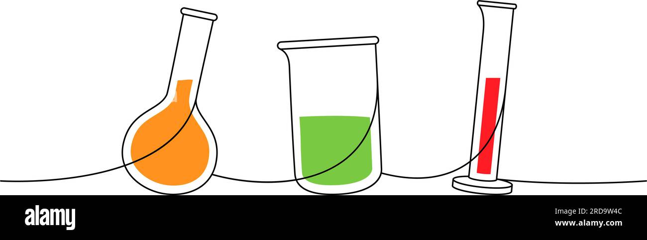 Laboratory glass equipment one line colored continuous drawing. Round ...