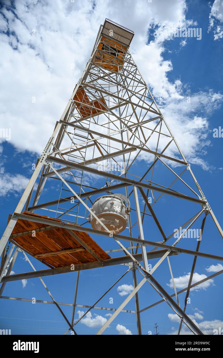 A replica of “Gadget”, the first atomic device tested, is hung from a ...