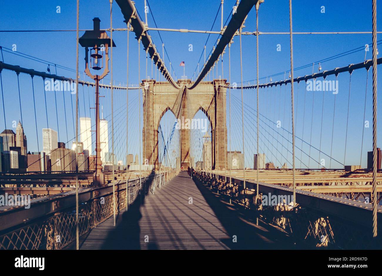 New York, USA - September 9, 1996: view from Brooklyn bridge to skyline ...