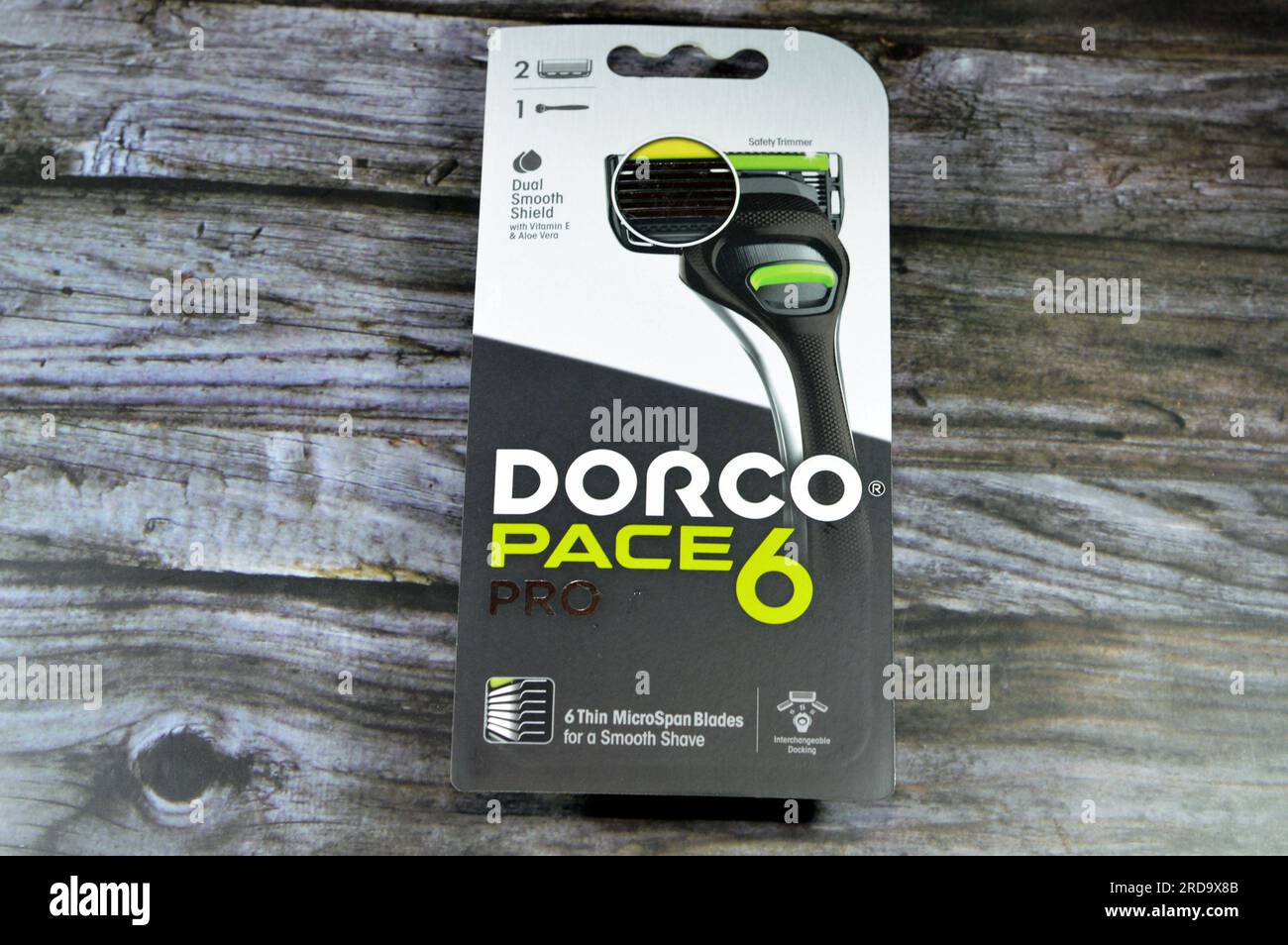 Cairo, Egypt, July 5 2023: Dorco Pace 6 Pro for shaving comes with ...