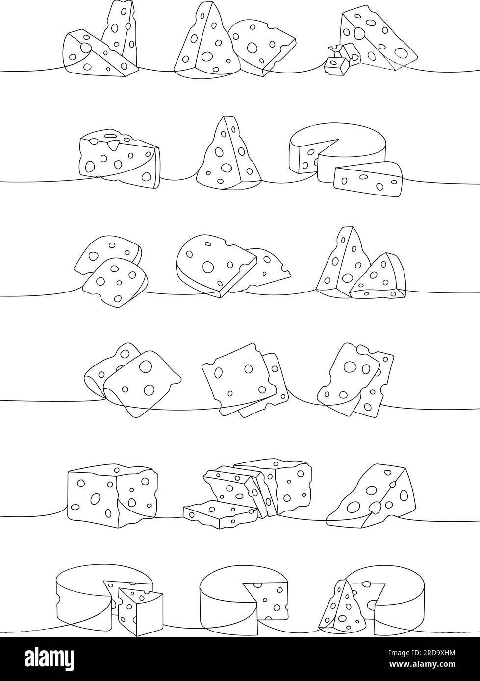 Set of cheese one line continuous drawing. Different types of cheese ...