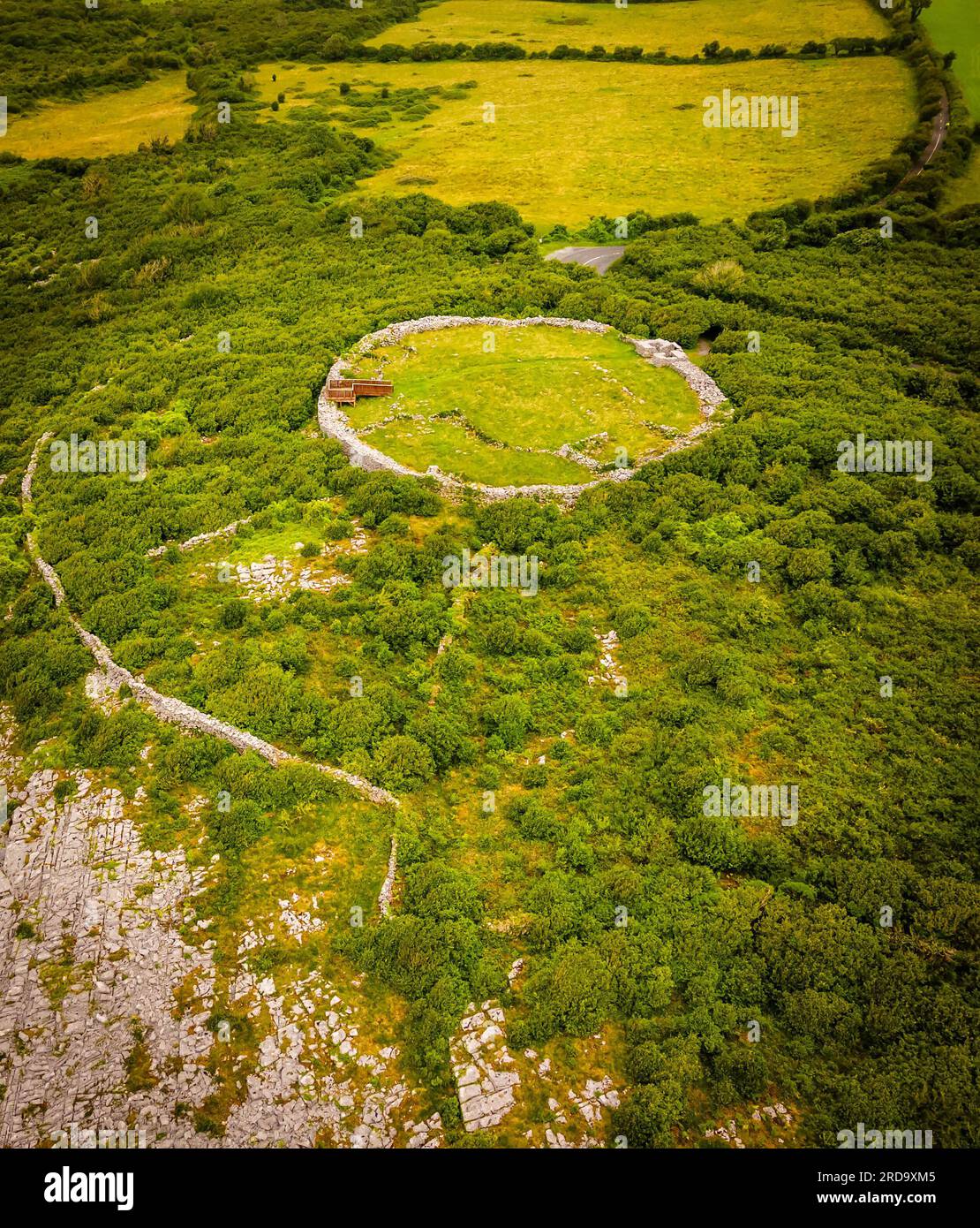 Aerial view of ancient celtic Stone RingFort remainings in Ireland ...