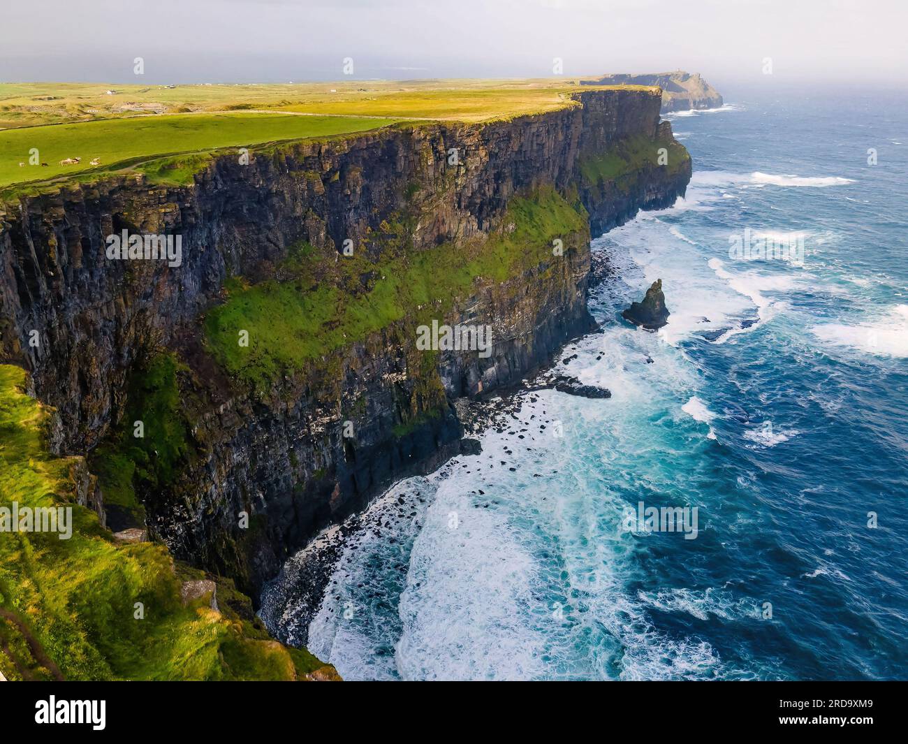 Scenic aerial panoramic view of Cliffs of Moher at sunrise in Ireland ...