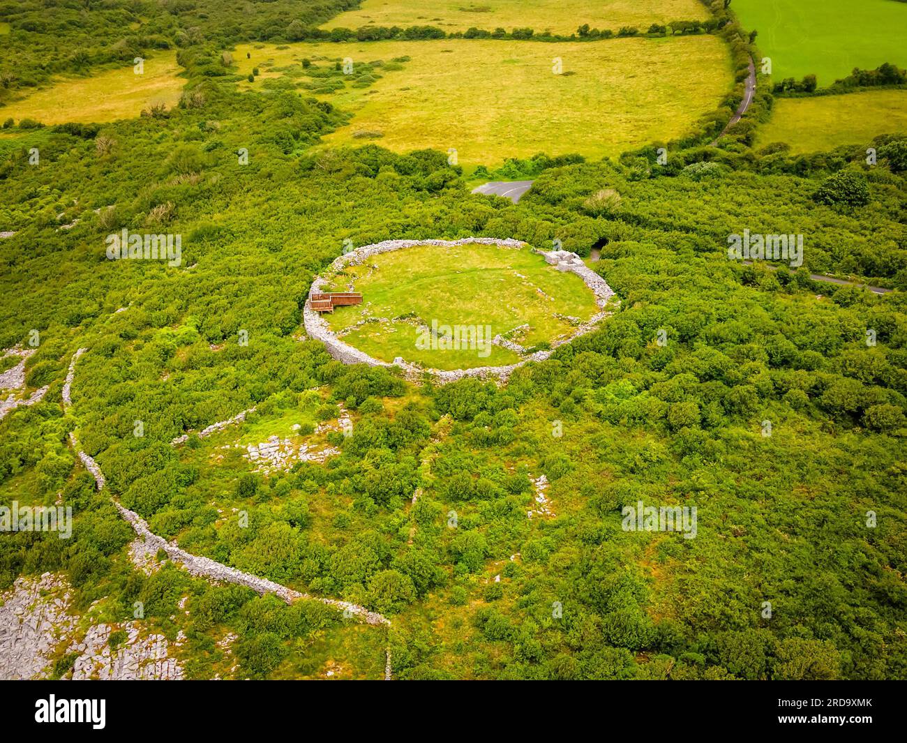 Aerial view of ancient celtic Stone RingFort remainings in Ireland ...