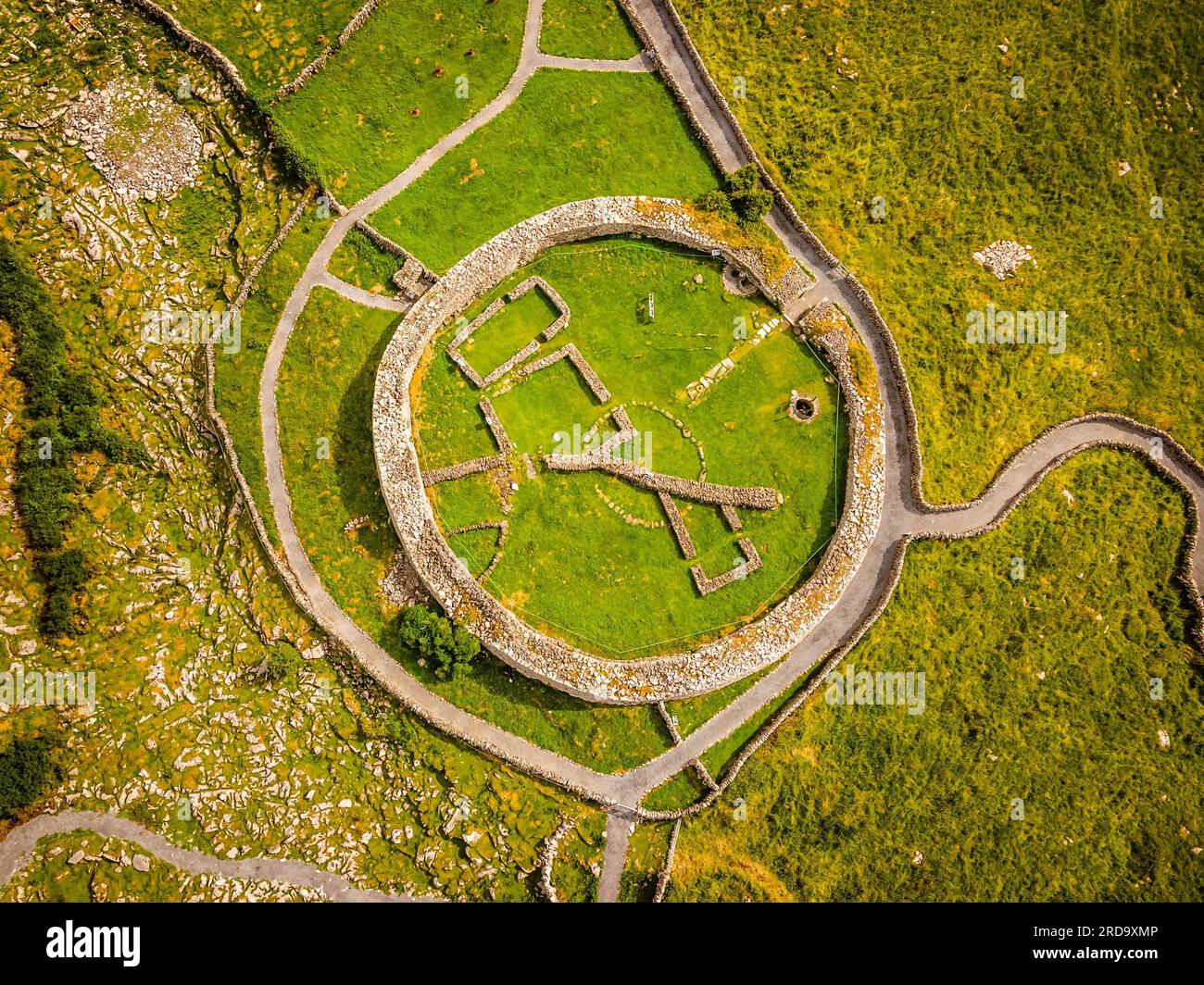 Aerial view of ancient Caherconnell Stone Fort circle in Ireland Stock ...