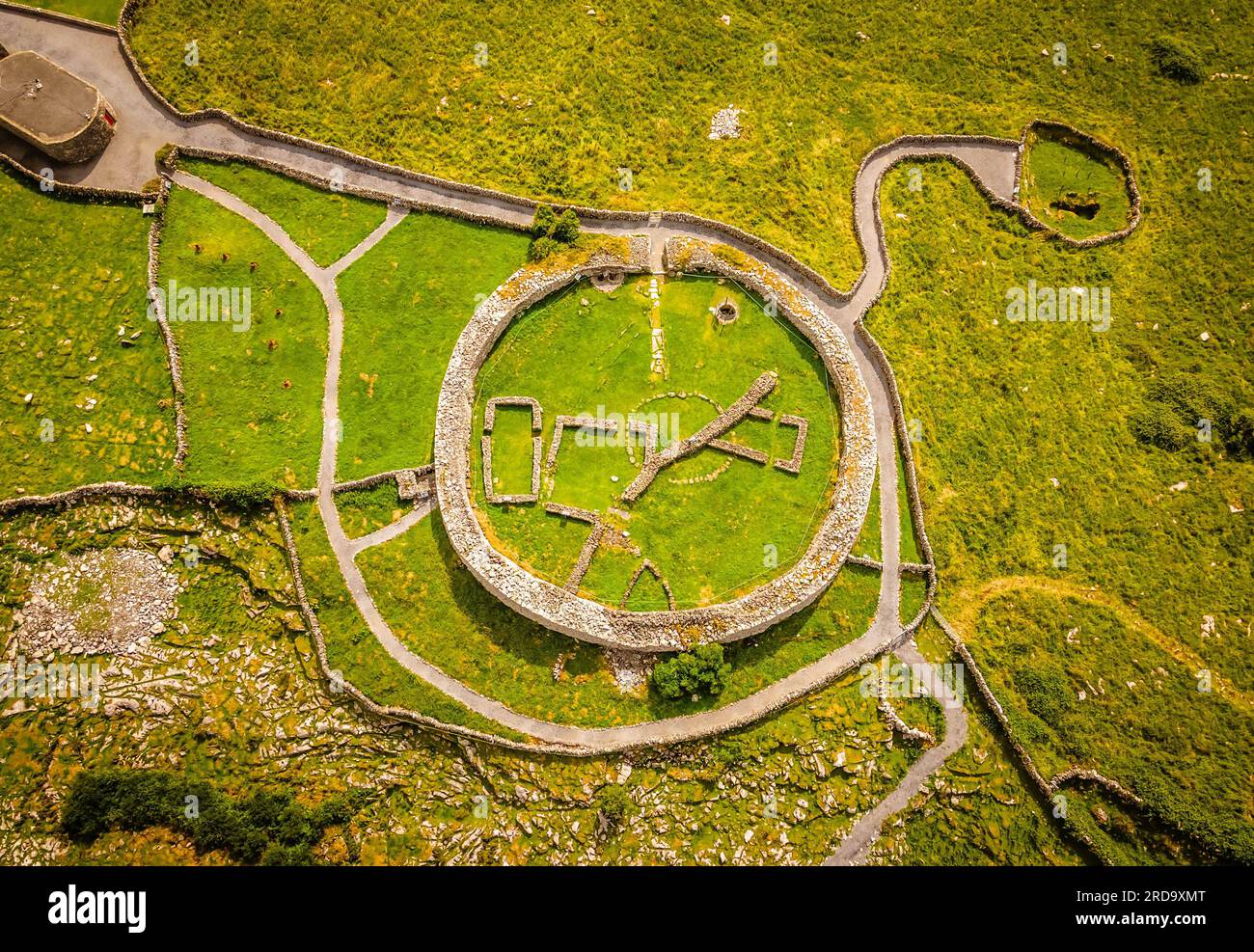 Aerial view of ancient Caherconnell Stone Fort circle in Ireland Stock ...