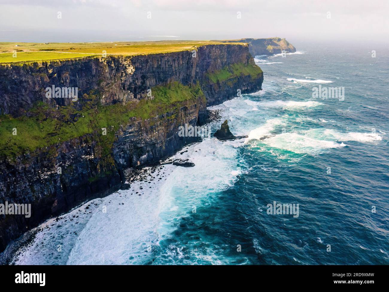 Scenic aerial panoramic view of Cliffs of Moher at sunrise in Ireland ...