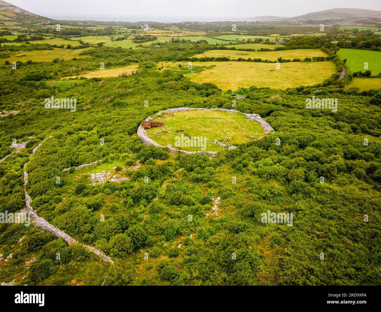 Aerial view of ancient celtic Stone RingFort remainings in Ireland ...