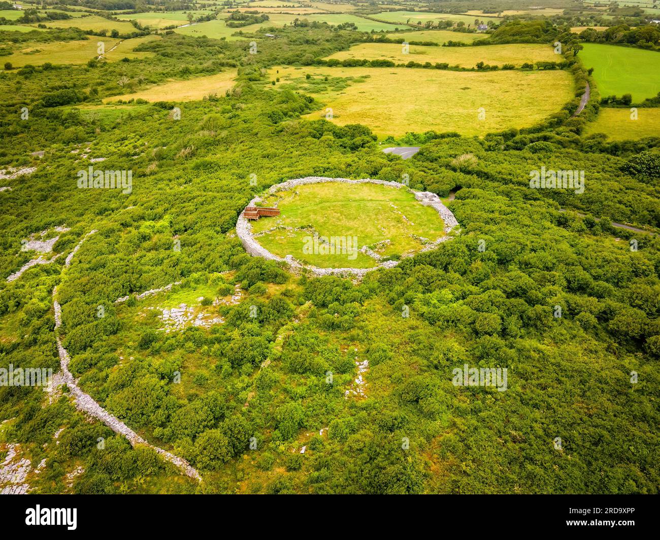 Aerial view of ancient celtic Stone RingFort remainings in Ireland ...