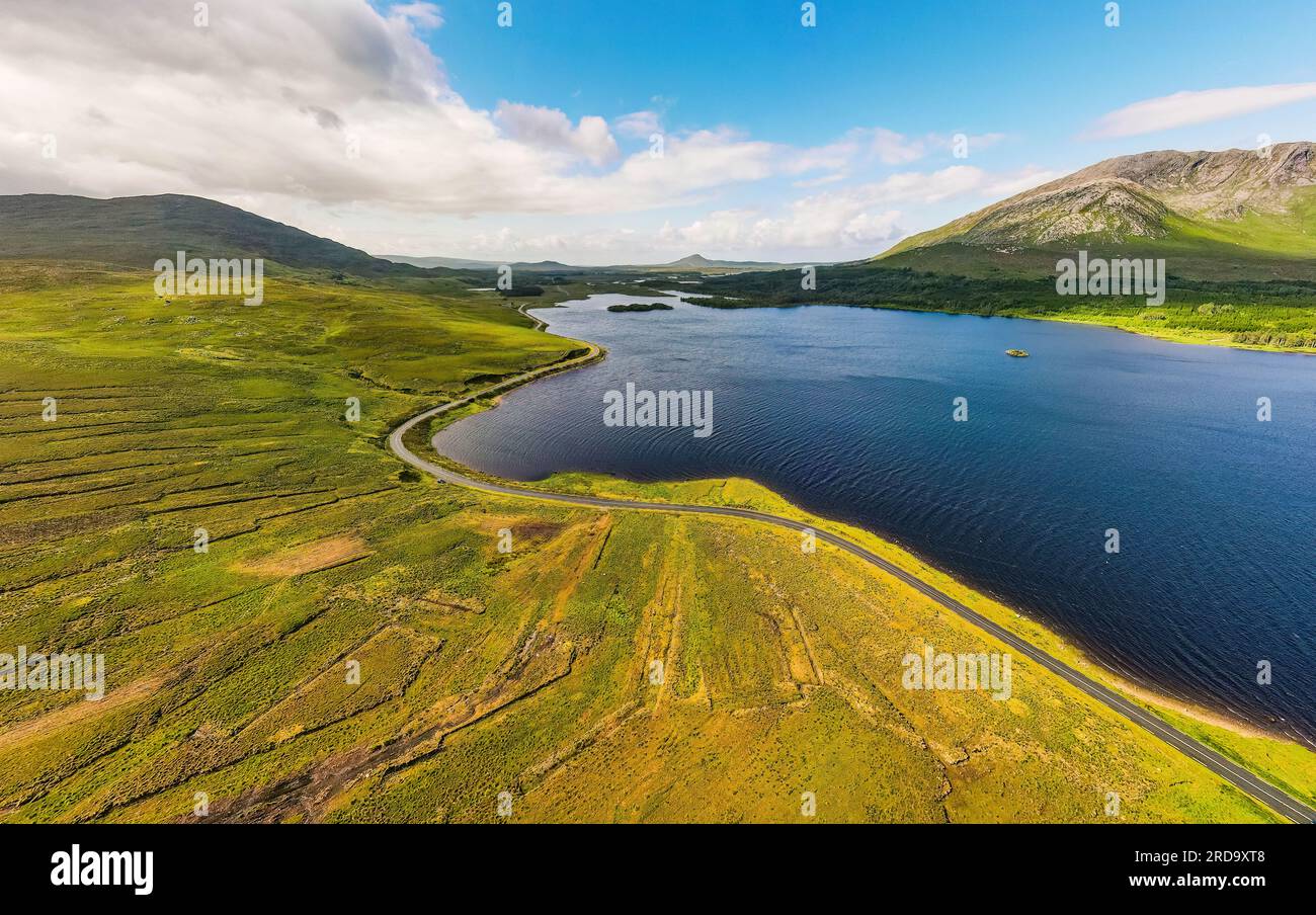 Scenic drive at Connemara National Park aerial shot in Ireland summer ...