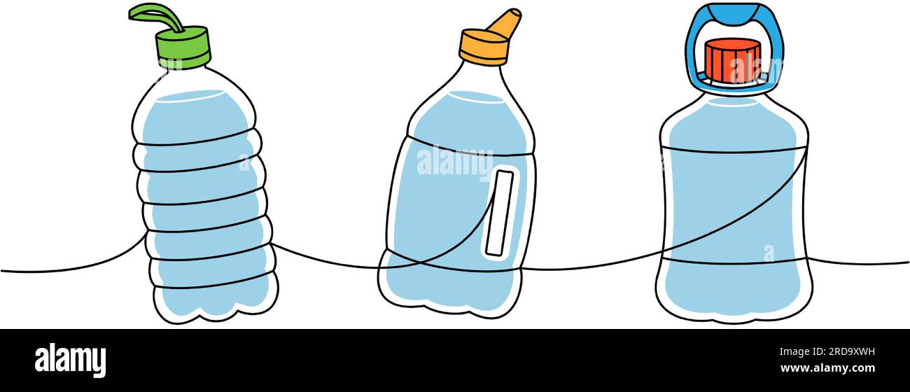 Set of fitness bottles one line colored continuous drawing. Empty ...