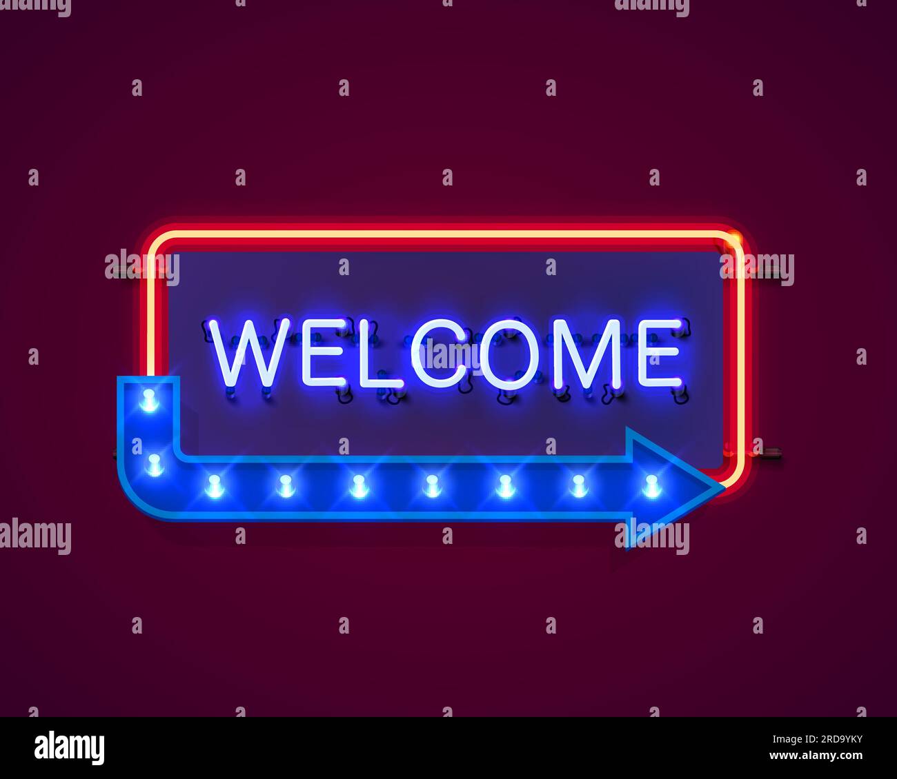 Neon welcome open signboard on the red background. Vector illustration ...