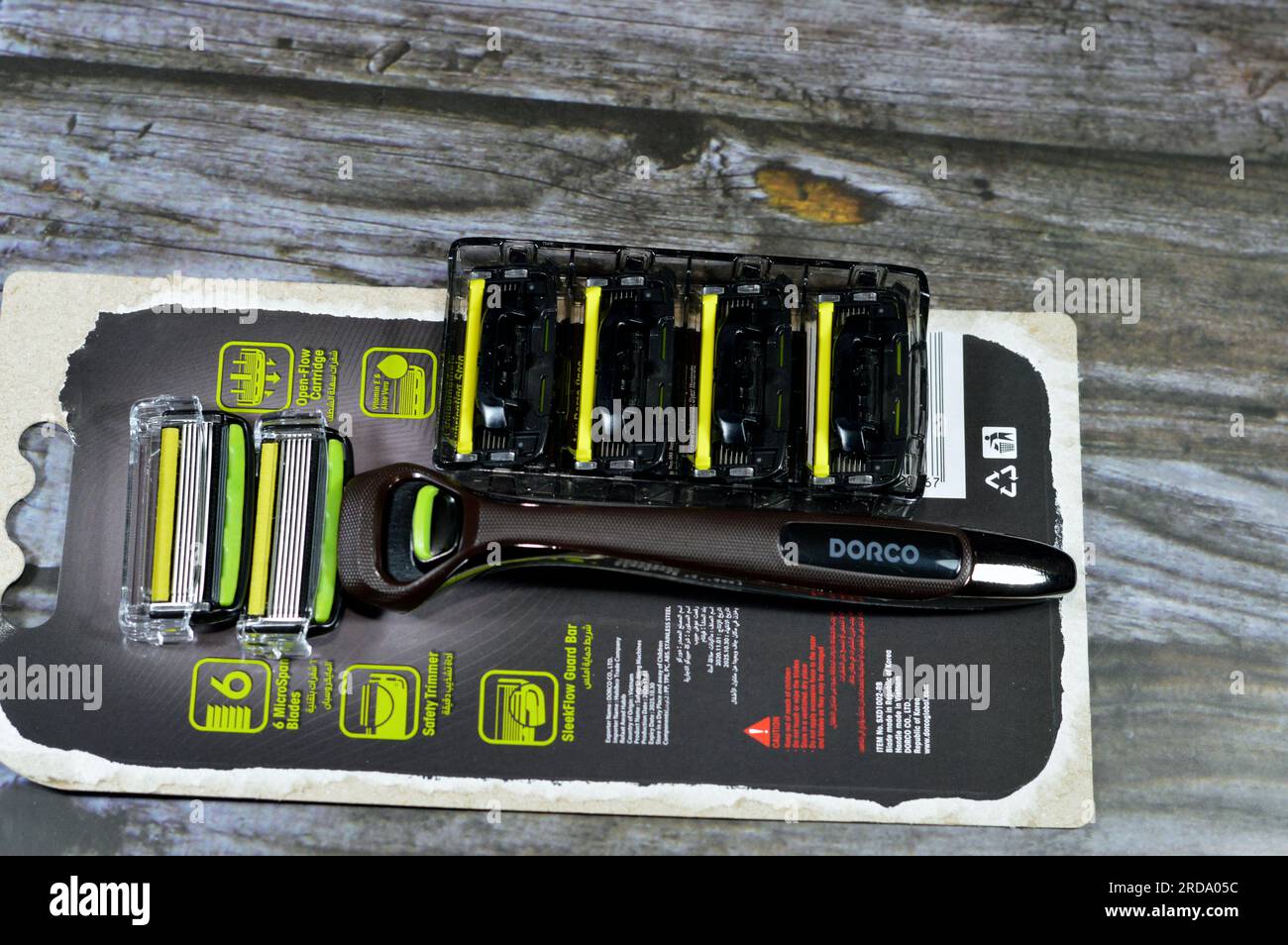 Cairo, Egypt, July 5 2023: Dorco Pace 6 Pro for shaving comes with ...