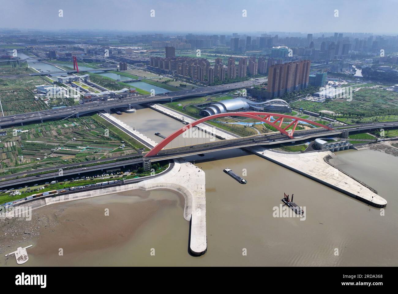 Aerial photo shows vessels entering the Qiantang River at Babao ship ...