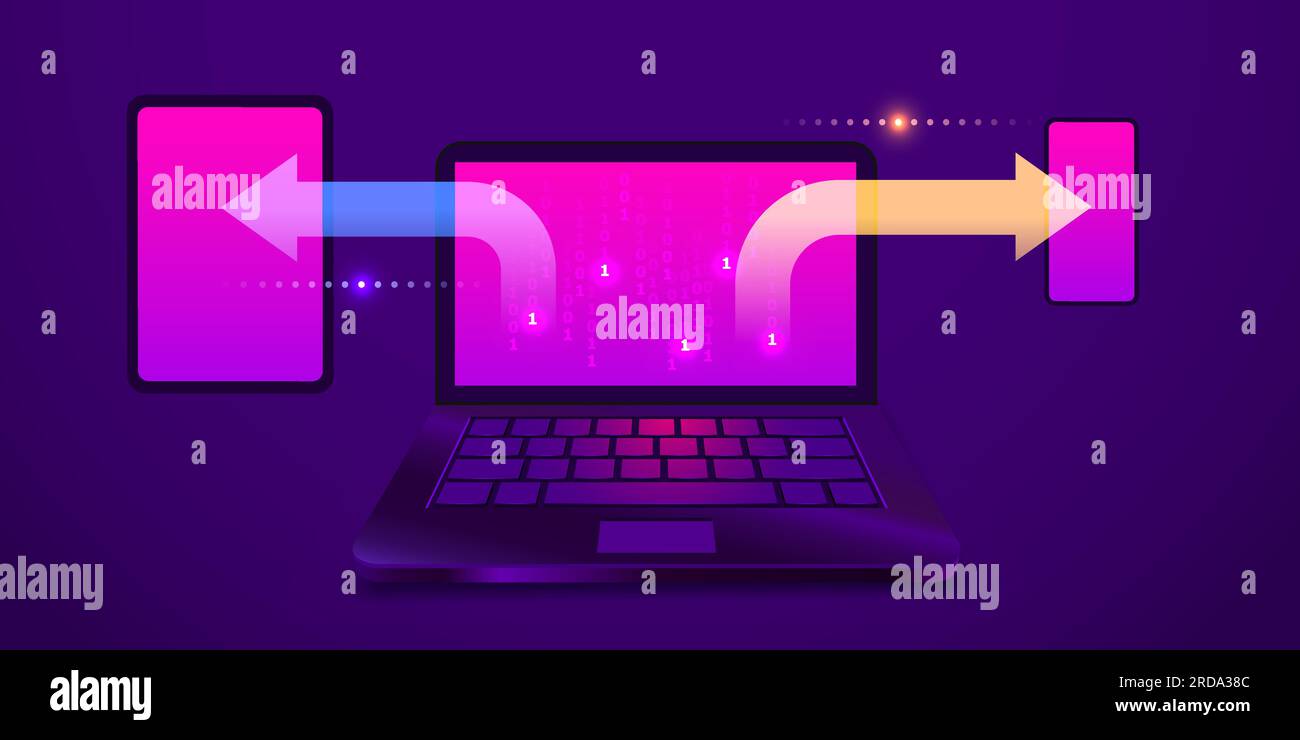 Synchronization Of Data Between Devices Laptop Smartphone Tablet On An Ultraviolet Background
