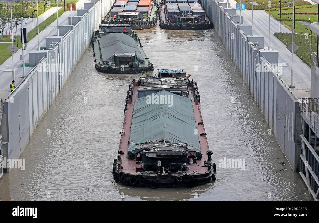 Aerial photo shows vessels entering the Qiantang River at Babao ship ...