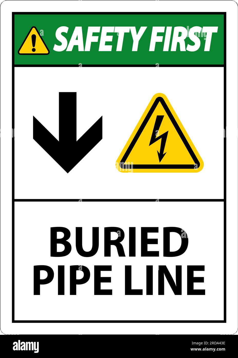 Safety First Sign Buried Pipe Line With Down Arrow and Electric Shock ...