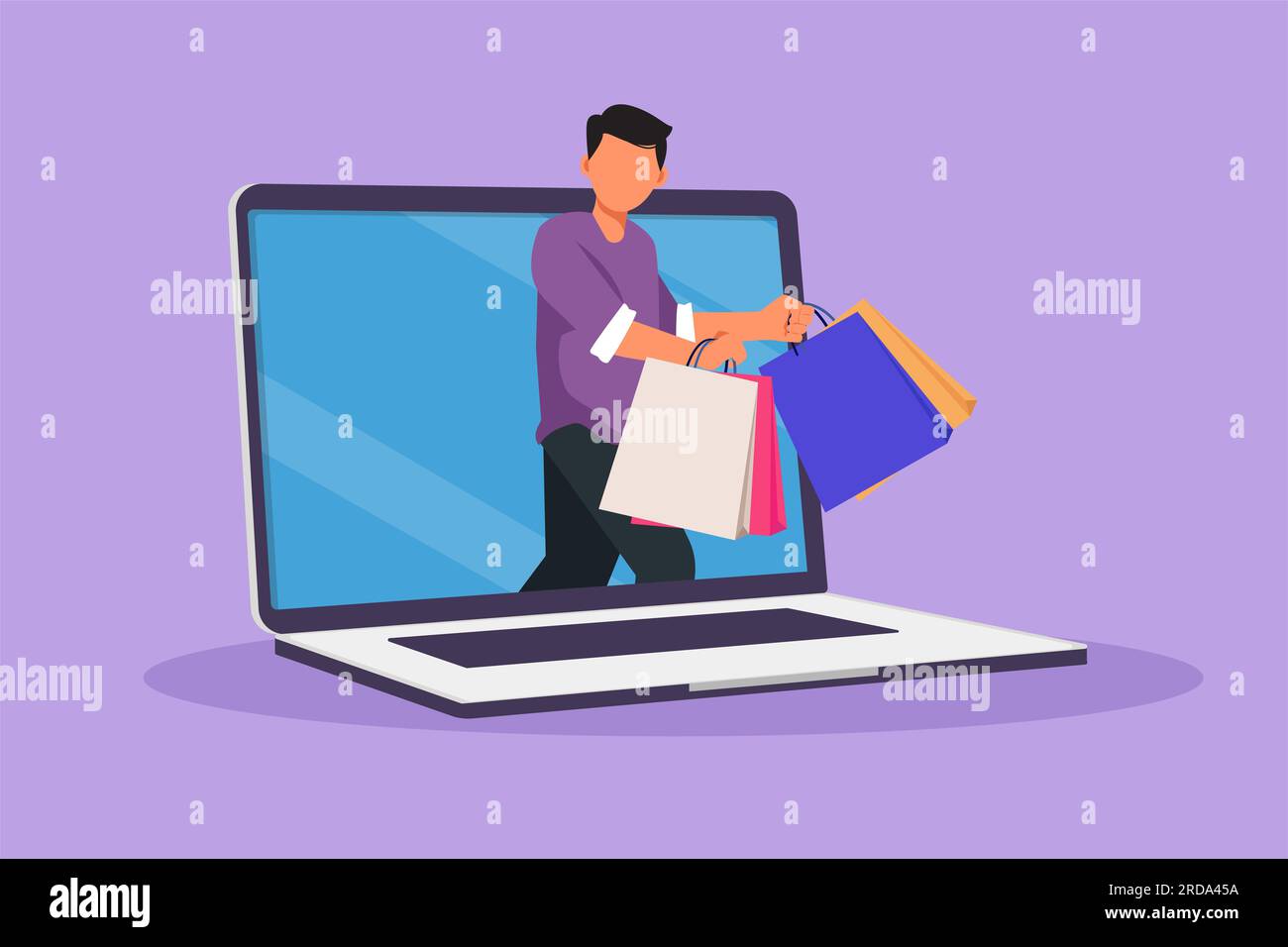 Cartoon flat style drawing young man coming out of laptop computer ...