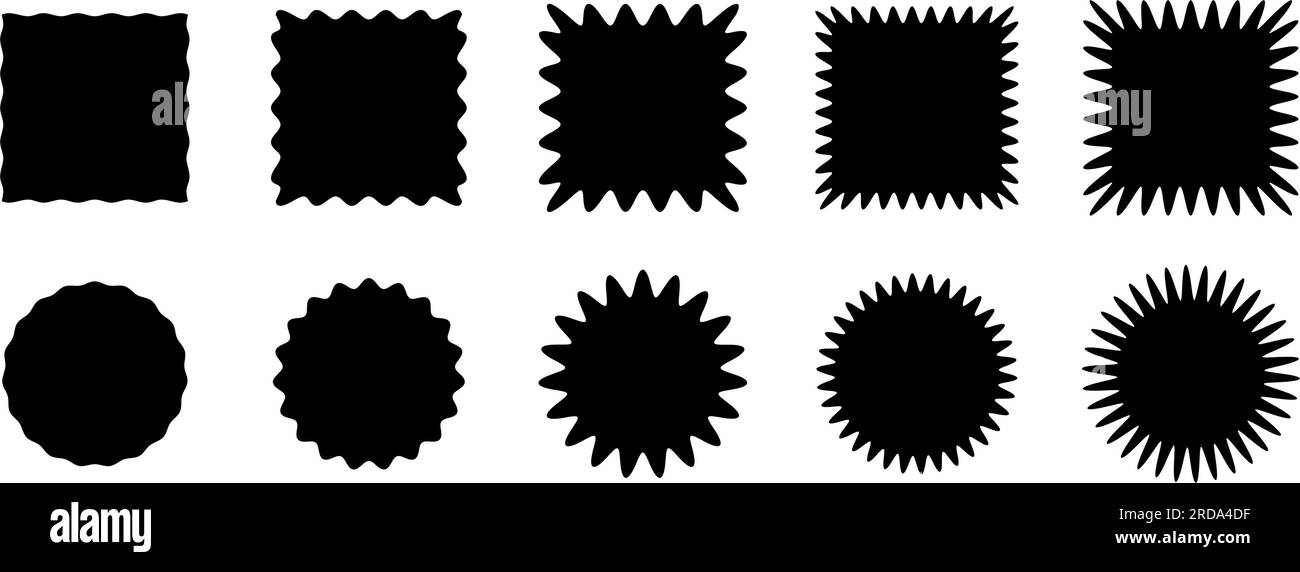 Zig zag edge square and circle shapes collection. Jagged patches set ...