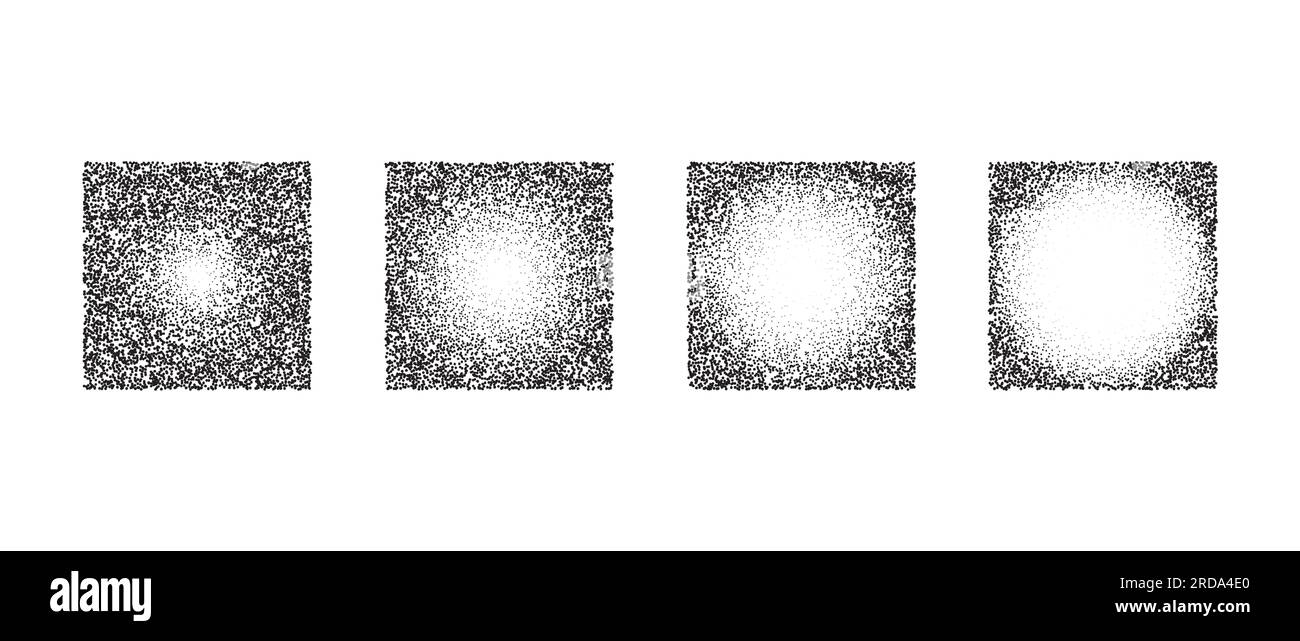 Fading square gradient set. Black dotted texture element collection. Stippled shade object pack ...