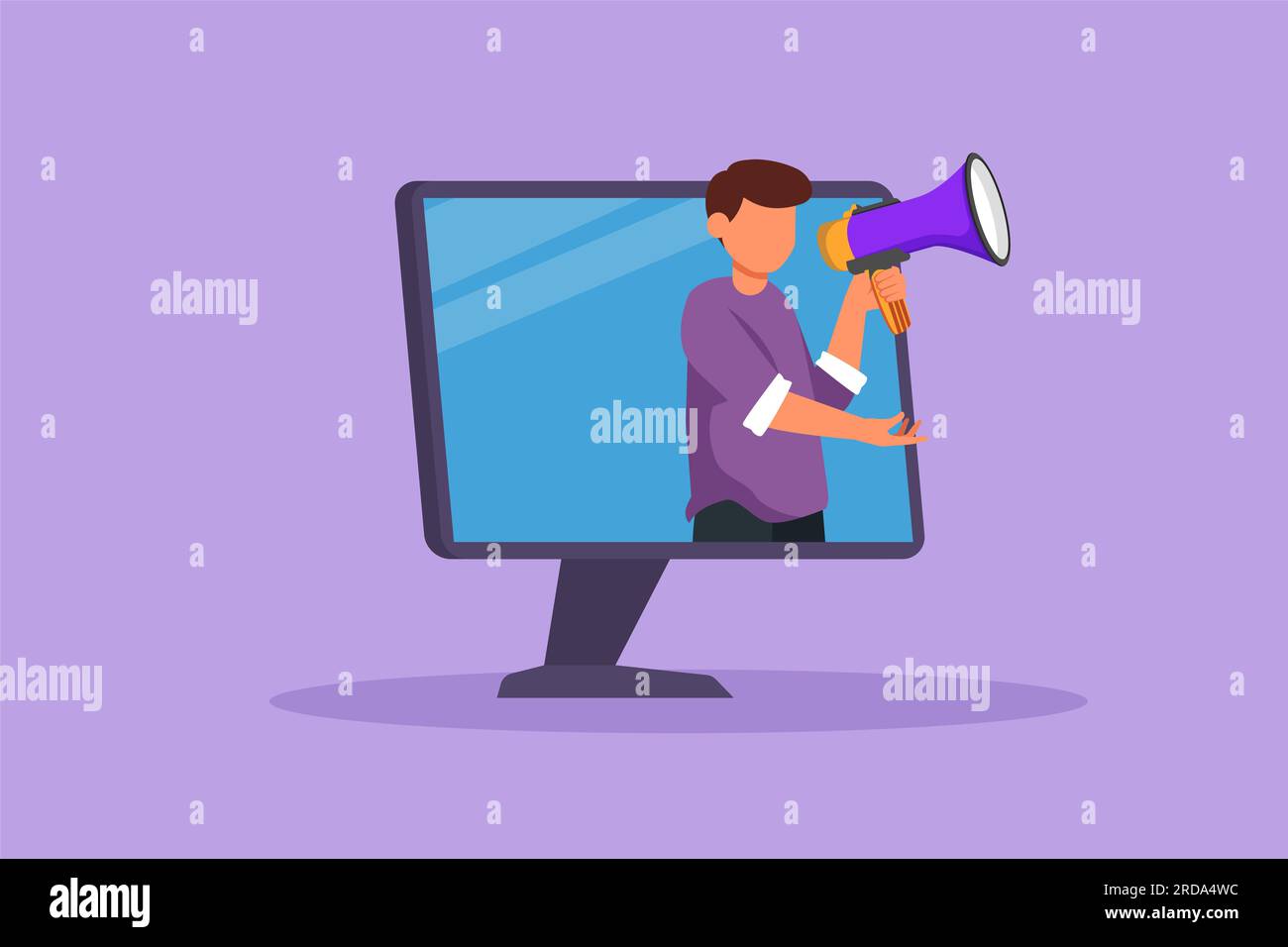 Cartoon flat style drawing young man coming out of monitor computer ...