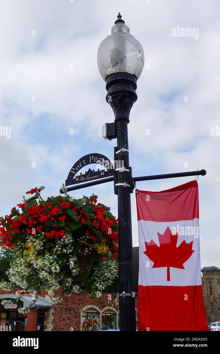 port perry downtown lamp post with canadian flag Stock Photo - Alamy