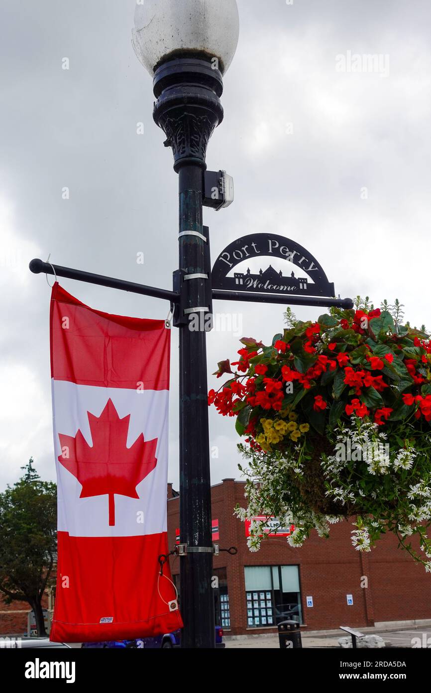 port perry downtown lamp post with canadian flag Stock Photo - Alamy