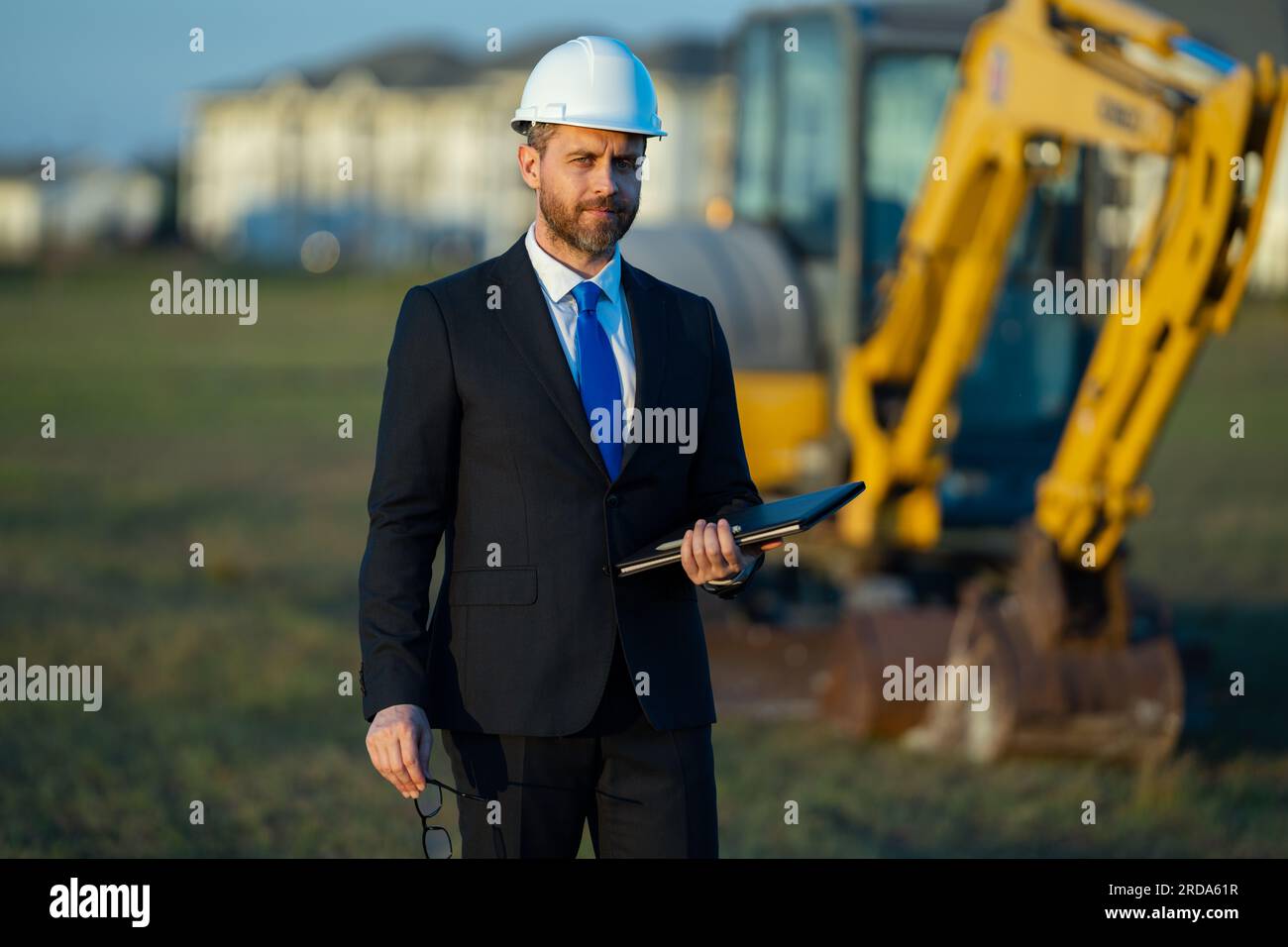 Construction builder investor. Man investor in front of construction ...