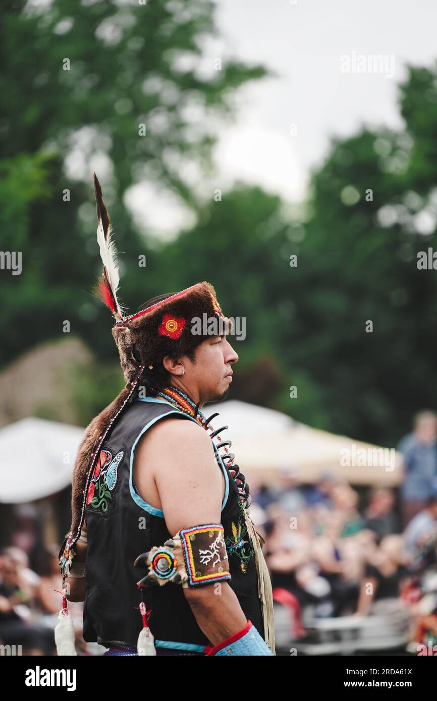 a native American male dancer at pow wow event, an indigenous people ...