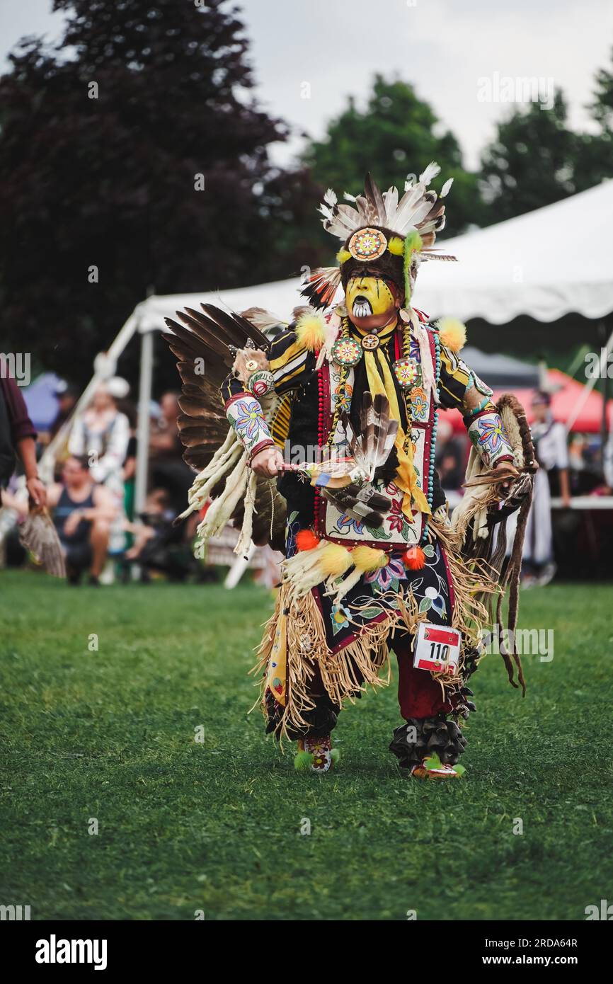 a native American male dancer at pow wow event, an indigenous people ...