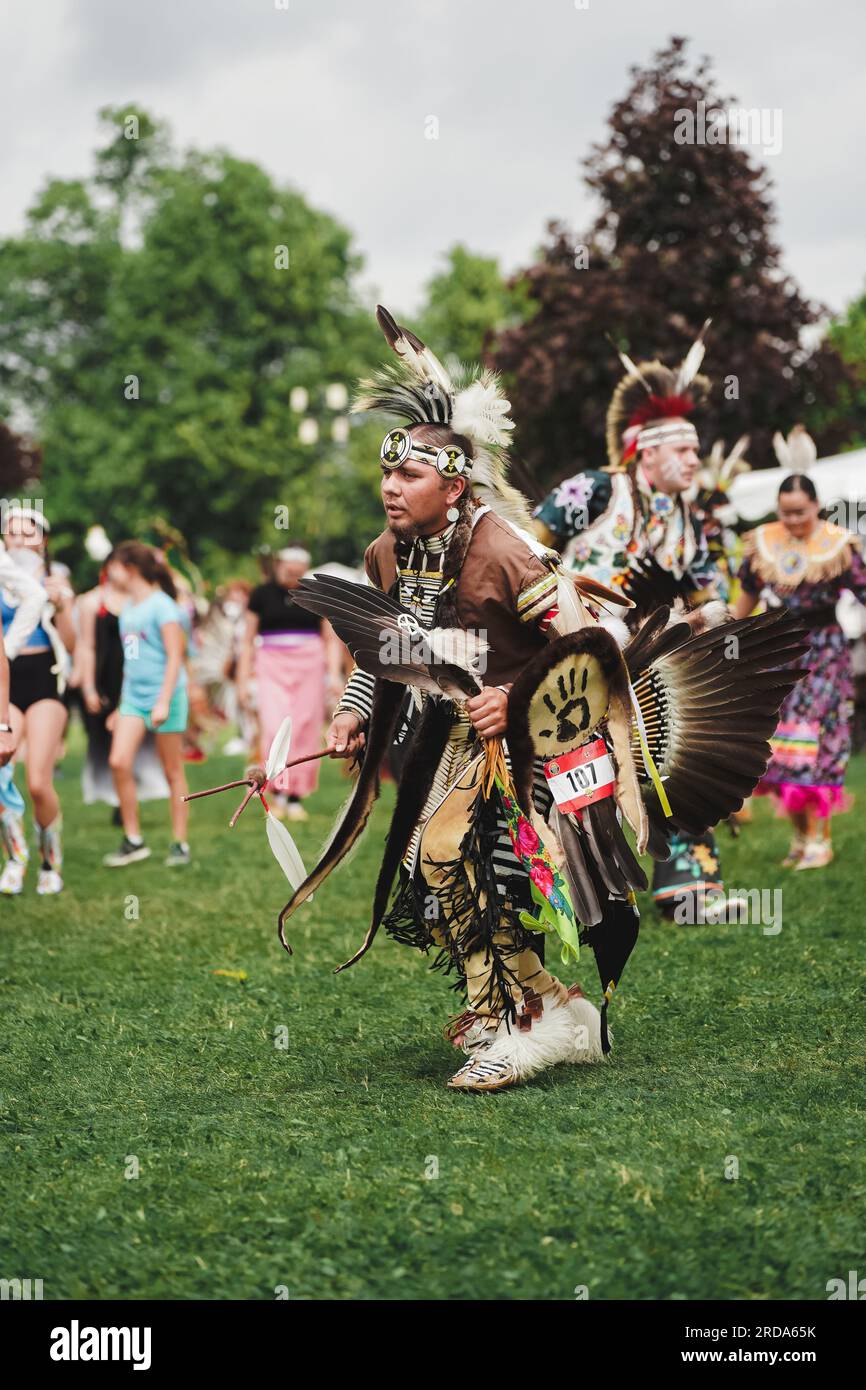 a native American male dancer at pow wow event, an indigenous people ...