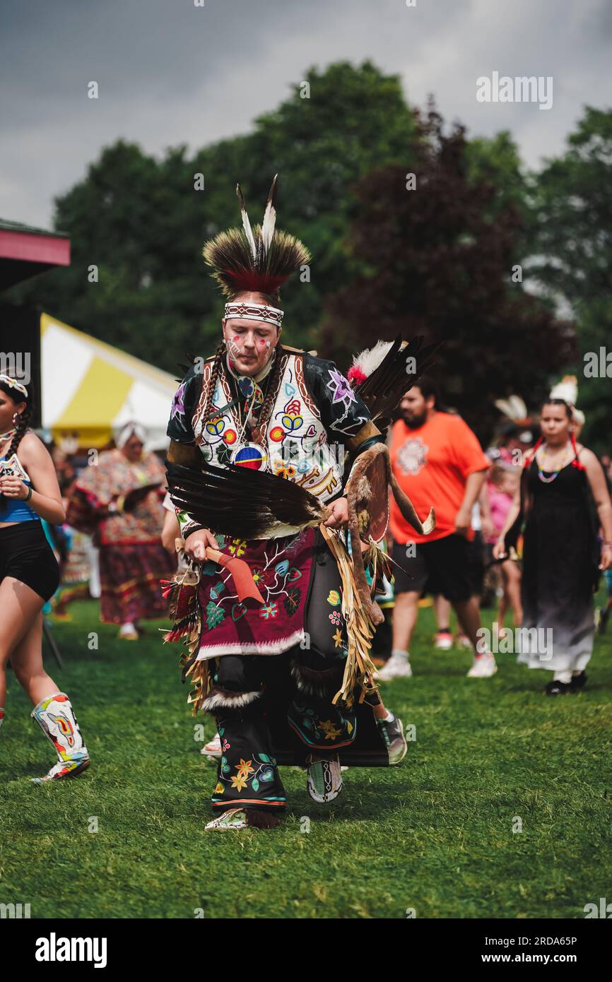 a native American male dancer at pow wow event, an indigenous people ...