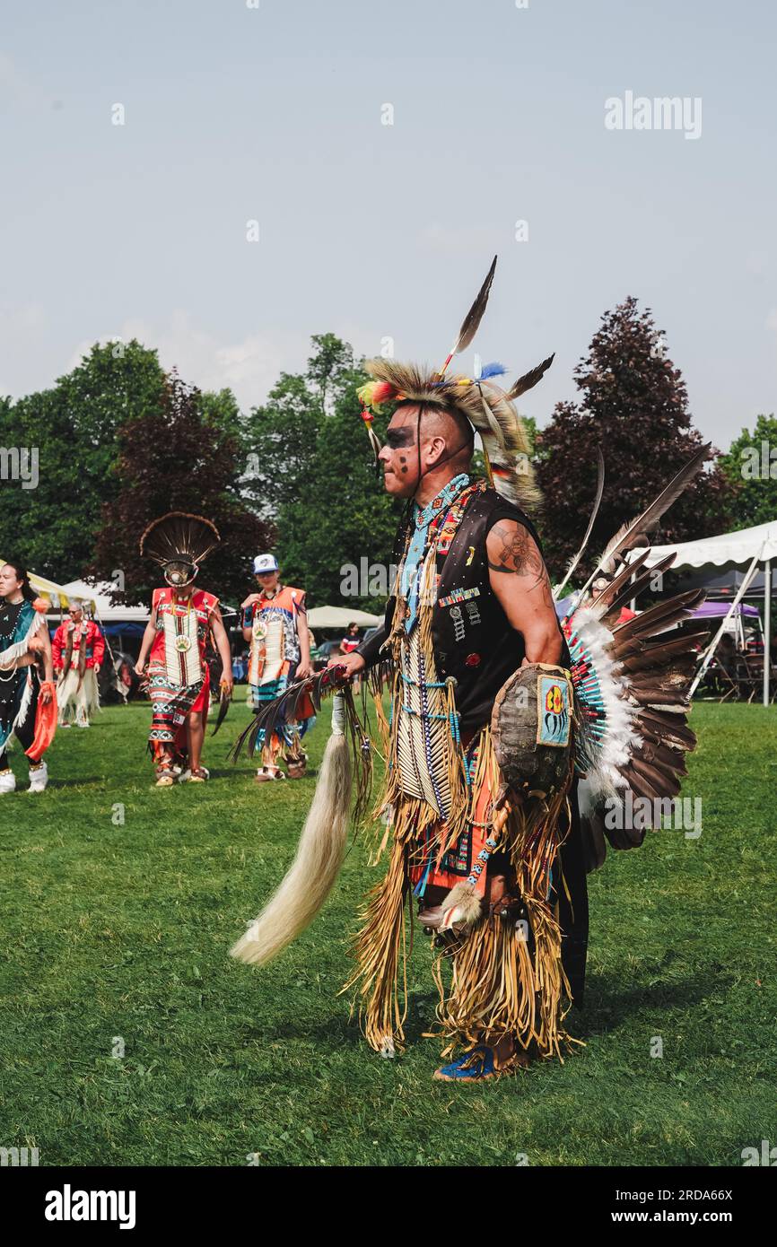 a native American male dancer at pow wow event, an indigenous people ...