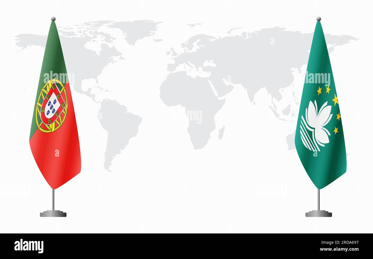 Portugal and Macau flags for official meeting against background of ...