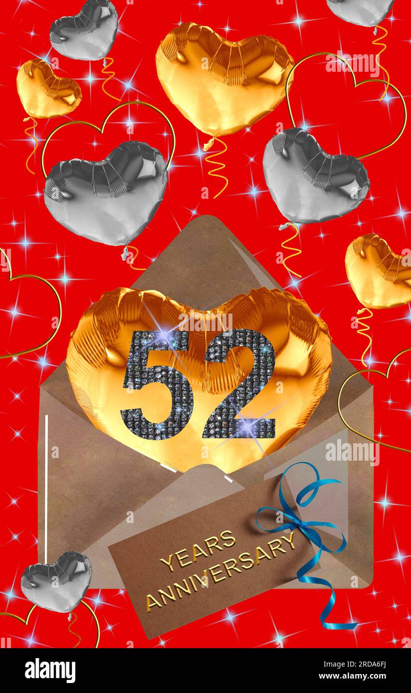 3d illustration, 52 anniversary. golden numbers on a festive background ...