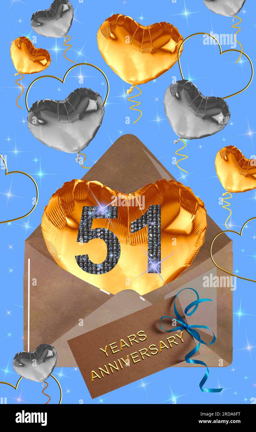3d illustration, 51 anniversary. golden numbers on a festive background ...