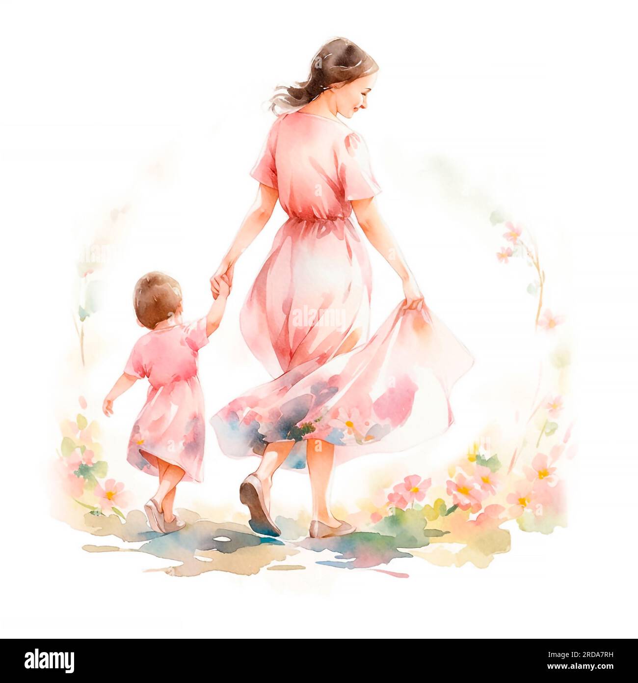 Mother and daughter, watercolor illustration isolated on white ...