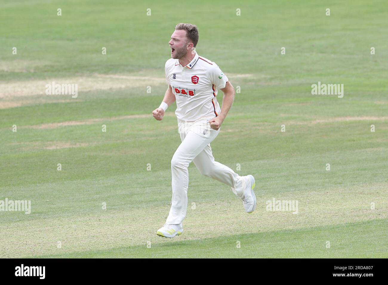 Sam Cook of Essex celebrates taking the wicket of Joe Denly during ...