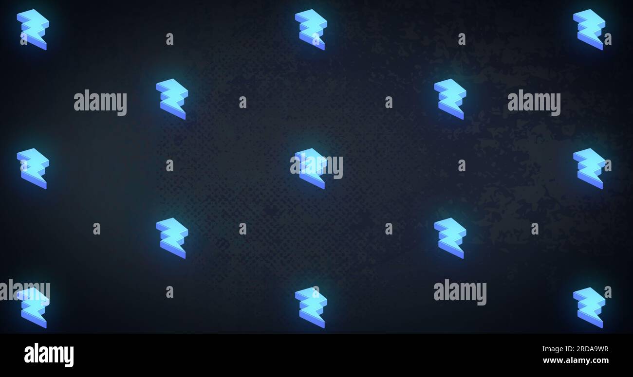 Composite of rows of blue flash shapes pattern on dark background Stock ...