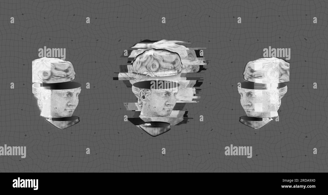 Image of three head sculptures pixelating on grey pattern background ...